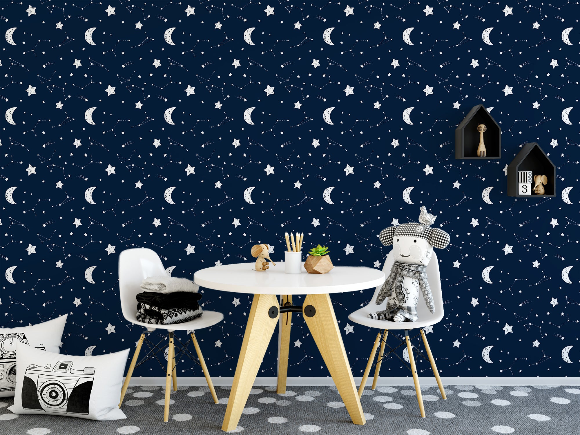 Dark Blue Moon & Star Constellation Peel & Stick Wallpaper | Peel&Paper ...